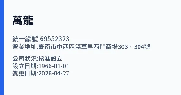 萬龍的照片-統編 69552323(臺南市) 公司登記資料與營業項目詳細圖表