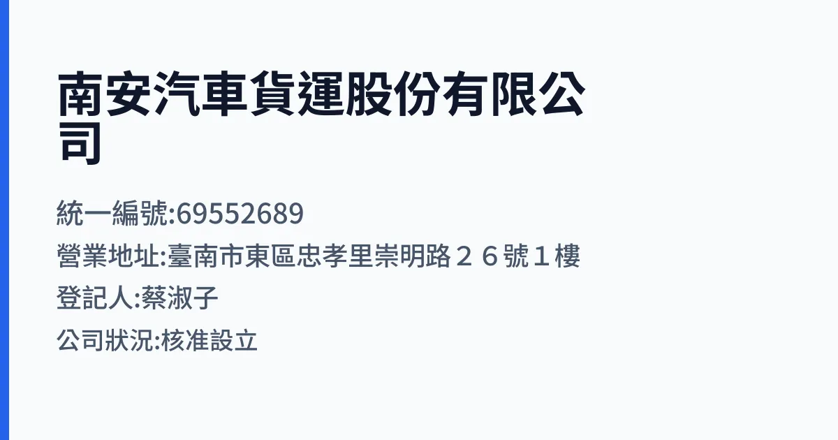 南安汽車貨運股份有限公司 - 統編 69552689(臺南市) 公司登記資料與營業項目詳細圖表