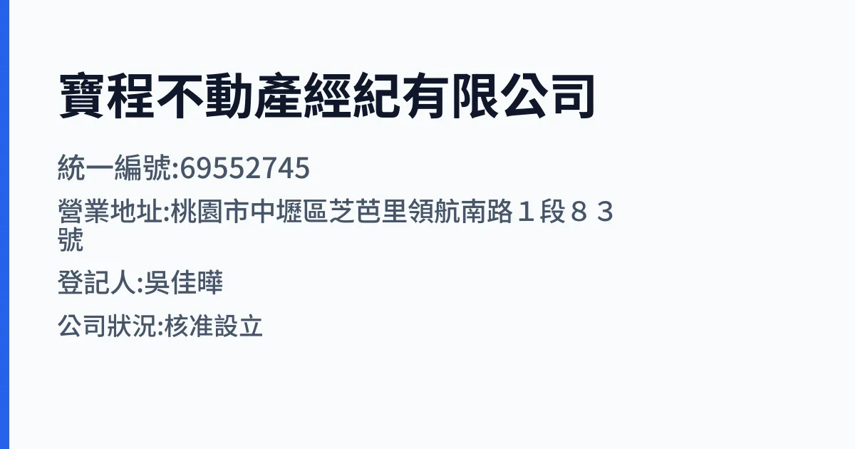 寶程不動產經紀有限公司 - 統編 69552745(桃園市) 公司登記資料與營業項目詳細圖表