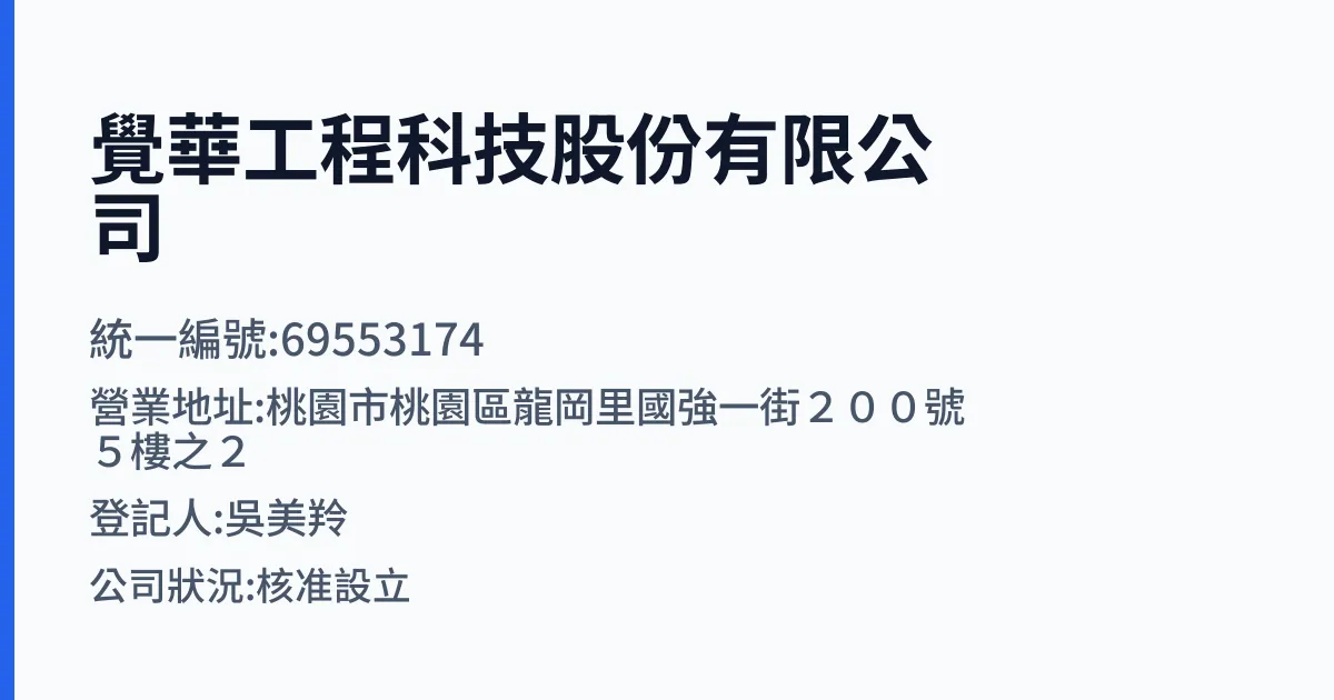 覺華工程科技股份有限公司 - 統編 69553174(桃園市) 公司登記資料與營業項目詳細圖表