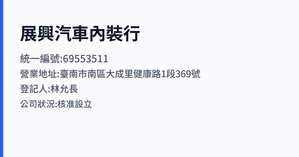 展興汽車內裝行 - 統編 69553511(臺南市) 公司登記資料與營業項目詳細圖表