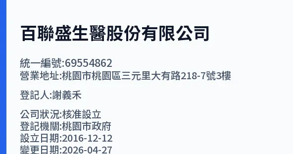 百聯盛生醫股份有限公司的照片-統編 69554862(桃園市) 公司登記資料與營業項目詳細圖表