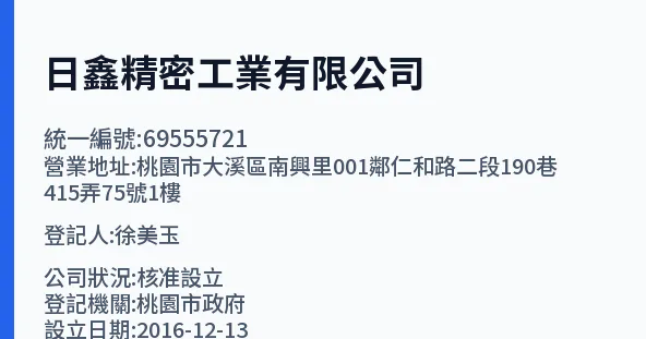 日鑫精密工業有限公司的照片-統編 69555721(桃園市) 公司登記資料與營業項目詳細圖表