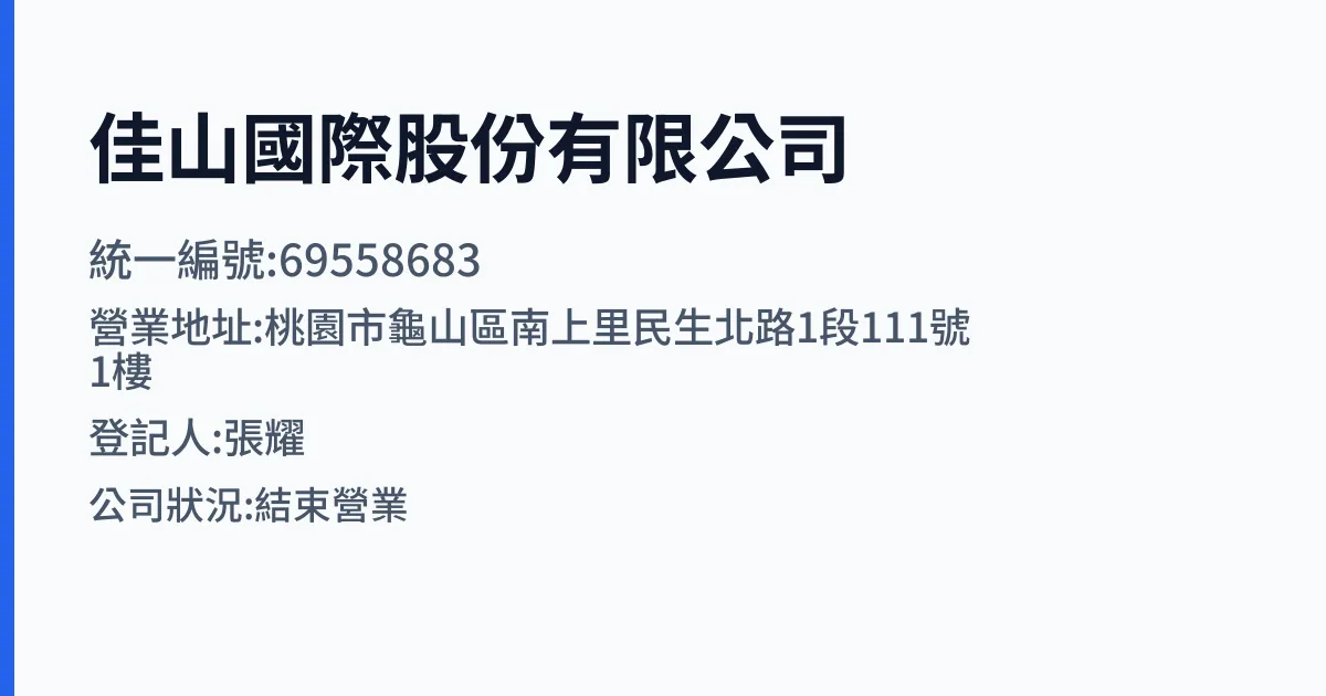 佳山國際股份有限公司 - 統編 69558683(桃園市) 公司登記資料與營業項目詳細圖表