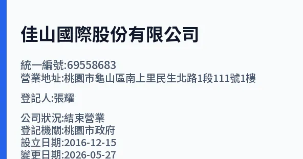 佳山國際股份有限公司的照片-統編 69558683(桃園市) 公司登記資料與營業項目詳細圖表
