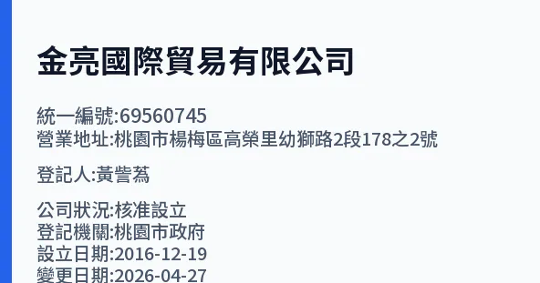 金亮國際貿易有限公司的照片-統編 69560745(桃園市) 公司登記資料與營業項目詳細圖表