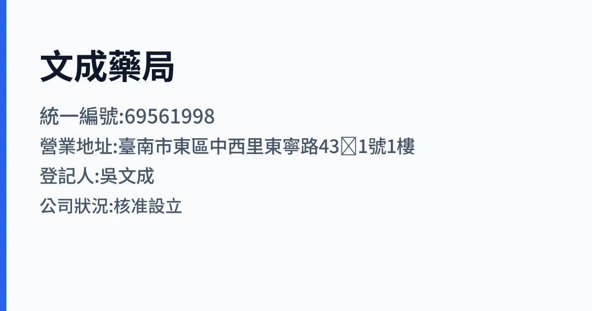 文成藥局 - 統編 69561998(臺南市) 公司登記資料與營業項目詳細圖表