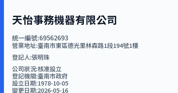 天怡事務機器有限公司的照片-統編 69562693(臺南市) 公司登記資料與營業項目詳細圖表