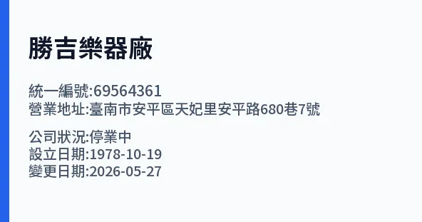 勝吉樂器廠的照片-統編 69564361(臺南市) 公司登記資料與營業項目詳細圖表