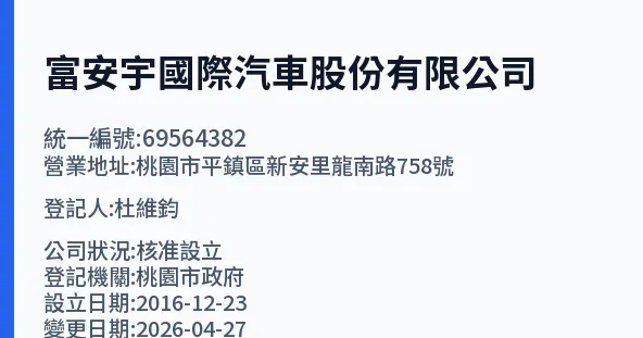 富安宇國際汽車股份有限公司的照片-統編 69564382(桃園市) 公司登記資料與營業項目詳細圖表