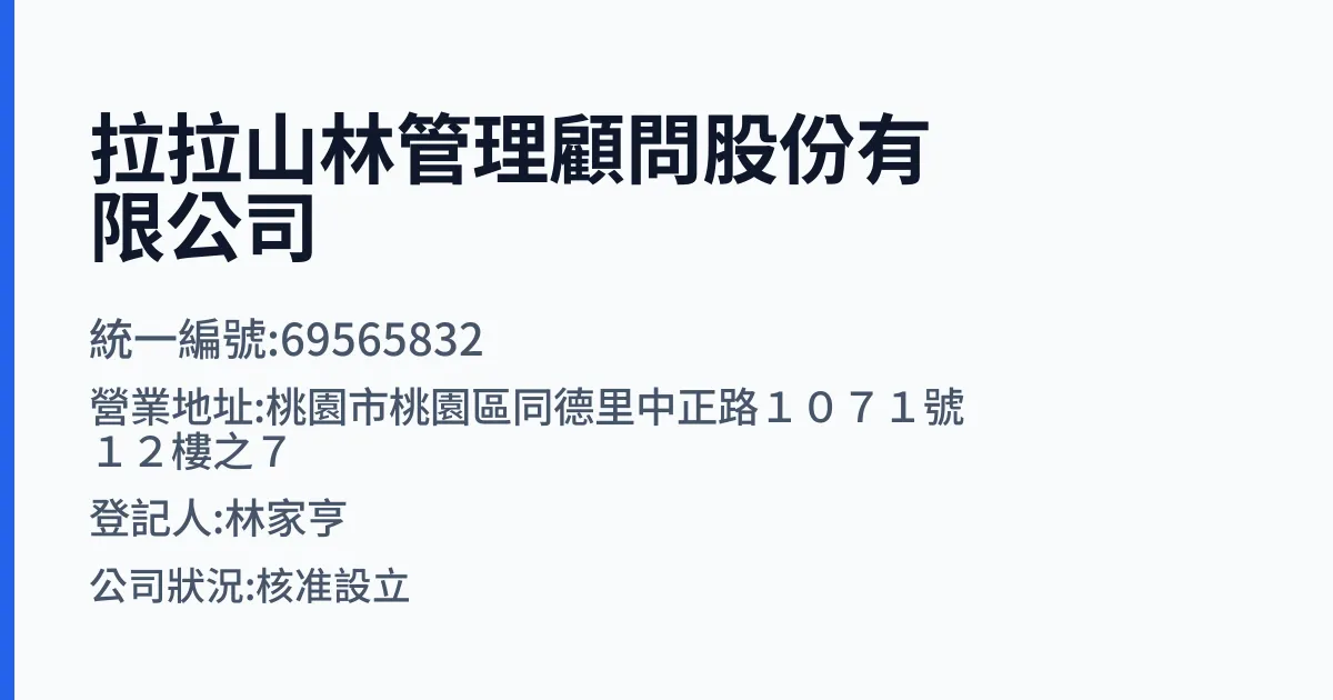 拉拉山林管理顧問股份有限公司 - 統編 69565832（桃園市） 公司登記資料與營業項目詳細圖表