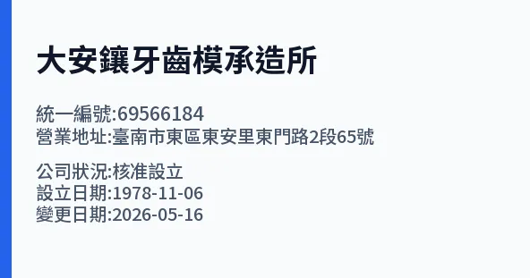 大安鑲牙齒模承造所的照片-統編 69566184(臺南市) 公司登記資料與營業項目詳細圖表
