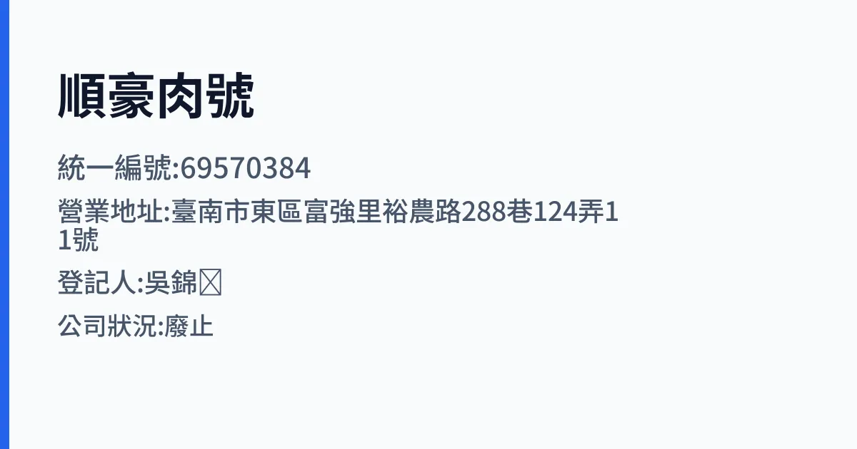 順豪肉號 - 統編 69570384(臺南市) 公司登記資料與營業項目詳細圖表
