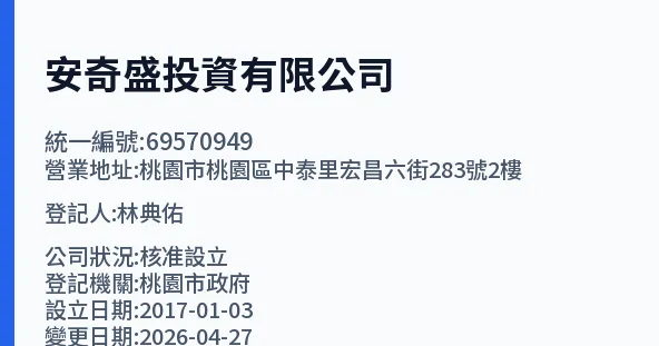 安奇盛投資有限公司的照片-統編 69570949(桃園市) 公司登記資料與營業項目詳細圖表