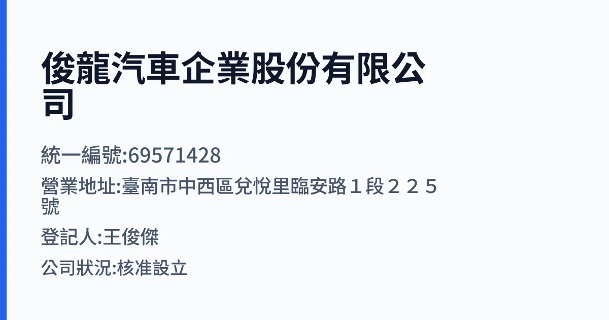 俊龍汽車企業股份有限公司 - 統編 69571428(臺南市) 公司登記資料與營業項目詳細圖表