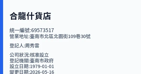 合龍什貨店的照片-統編 69573517(臺南市) 公司登記資料與營業項目詳細圖表