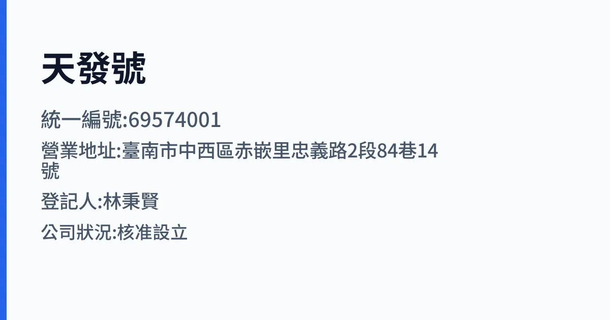 天發號 - 統編 69574001(臺南市) 公司登記資料與營業項目詳細圖表