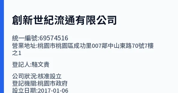 創新世紀流通有限公司的照片-統編 69574516(桃園市) 公司登記資料與營業項目詳細圖表