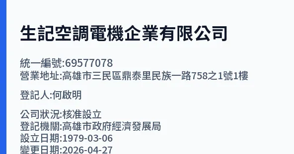 生記空調電機企業有限公司的照片-統編 69577078(高雄市) 公司登記資料與營業項目詳細圖表