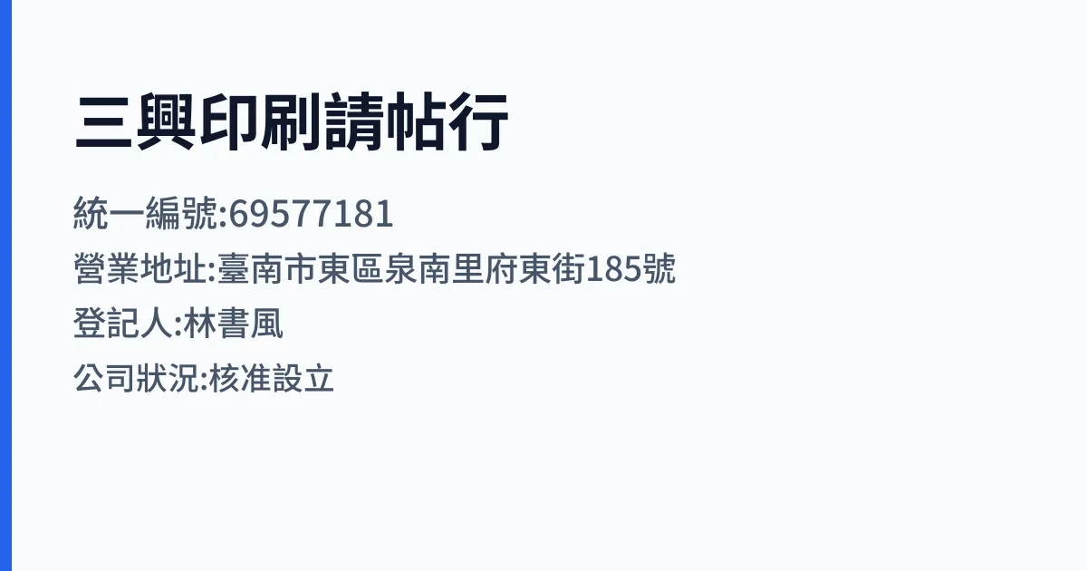 三興印刷請帖行 - 統編 69577181(臺南市) 公司登記資料與營業項目詳細圖表