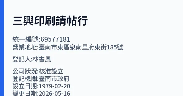 三興印刷請帖行的照片-統編 69577181(臺南市) 公司登記資料與營業項目詳細圖表