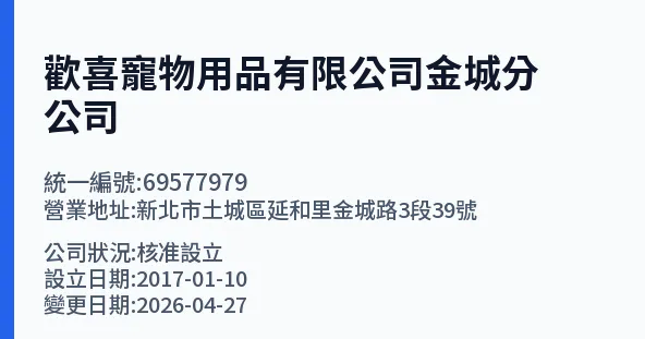 歡喜寵物用品有限公司金城分公司的照片-統編 69577979(新北市) 公司登記資料與營業項目詳細圖表