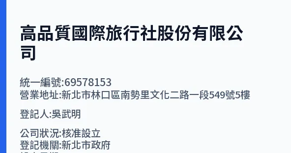 高品質國際旅行社股份有限公司的照片-統編 69578153(新北市) 公司登記資料與營業項目詳細圖表