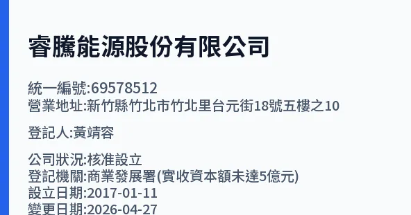 睿騰能源股份有限公司的照片-統編 69578512(新竹縣) 公司登記資料與營業項目詳細圖表