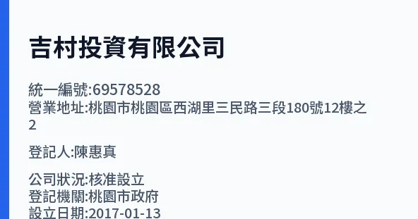 吉村投資有限公司的照片-統編 69578528(桃園市) 公司登記資料與營業項目詳細圖表