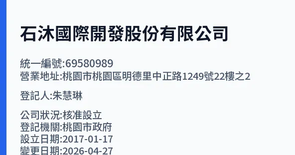 石沐國際開發股份有限公司的照片-統編 69580989(桃園市) 公司登記資料與營業項目詳細圖表