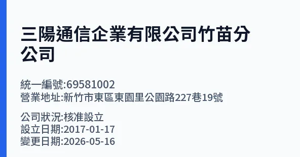 三陽通信企業有限公司竹苗分公司的照片-統編 69581002(新竹市) 公司登記資料與營業項目詳細圖表