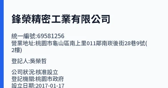 鋒榮精密工業有限公司的照片-統編 69581256(桃園市) 公司登記資料與營業項目詳細圖表