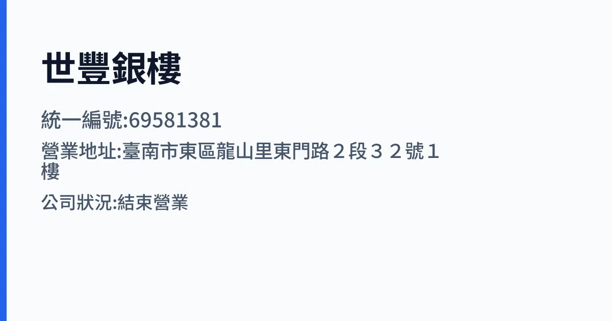 世豐銀樓 - 統編 69581381(臺南市) 公司登記資料與營業項目詳細圖表