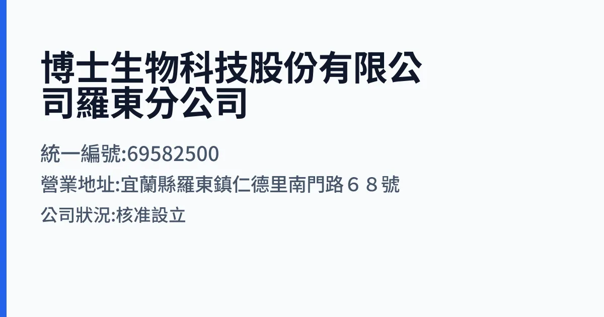 博士生物科技股份有限公司羅東分公司 - 統編 69582500(宜蘭縣) 公司登記資料與營業項目詳細圖表