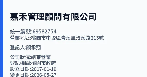 嘉禾管理顧問有限公司的照片-統編 69582754(桃園市) 公司登記資料與營業項目詳細圖表