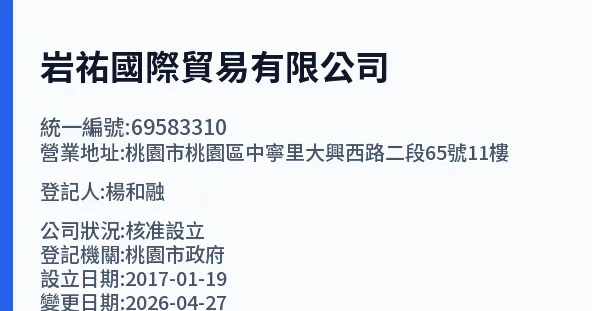 岩祐國際貿易有限公司的照片-統編 69583310(桃園市) 公司登記資料與營業項目詳細圖表