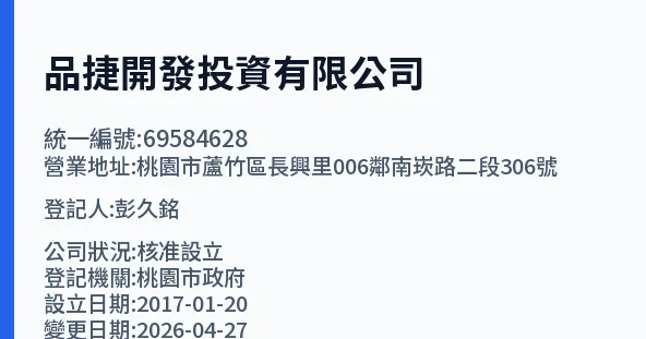 品捷開發投資有限公司的照片-統編 69584628(桃園市) 公司登記資料與營業項目詳細圖表