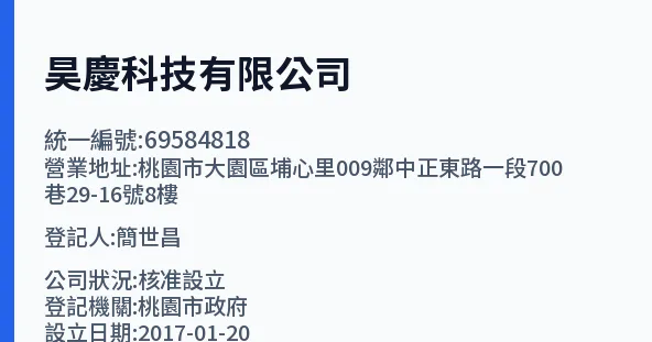 昊慶科技有限公司的照片-統編 69584818(桃園市) 公司登記資料與營業項目詳細圖表