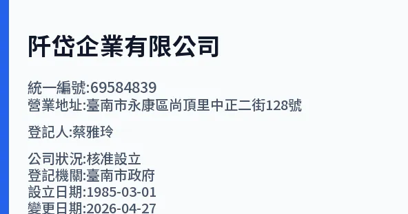 阡岱企業有限公司的照片-統編 69584839(臺南市) 公司登記資料與營業項目詳細圖表