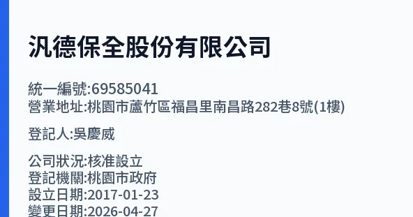 汎德保全股份有限公司的照片-統編 69585041(桃園市) 公司登記資料與營業項目詳細圖表