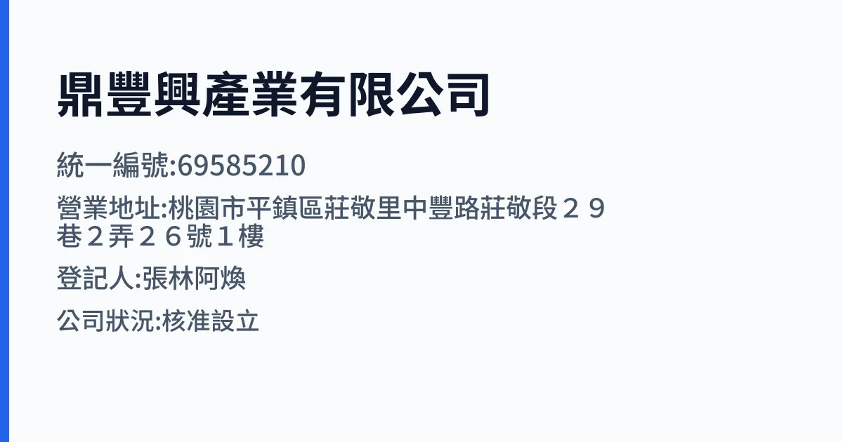 鼎豐興產業有限公司 - 統編 69585210(桃園市) 公司登記資料與營業項目詳細圖表