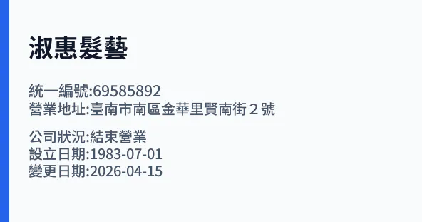 淑惠髮藝的照片-統編 69585892(臺南市) 公司登記資料與營業項目詳細圖表