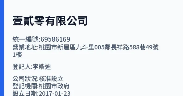 壹貳零有限公司的照片-統編 69586169(桃園市) 公司登記資料與營業項目詳細圖表