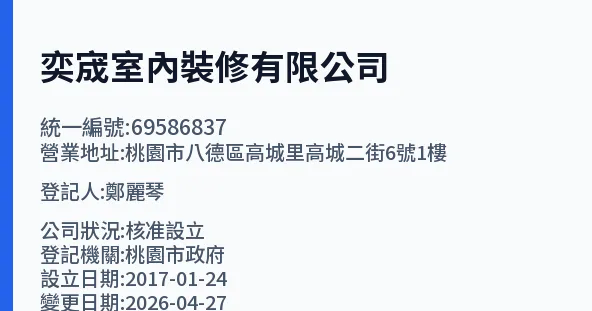 奕宬室內裝修有限公司的照片-統編 69586837(桃園市) 公司登記資料與營業項目詳細圖表