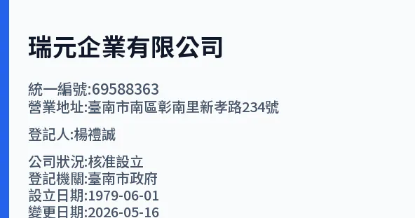 瑞元企業有限公司的照片-統編 69588363(臺南市) 公司登記資料與營業項目詳細圖表