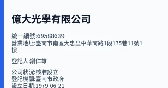 億大光學有限公司的照片-統編 69588639(臺南市) 公司登記資料與營業項目詳細圖表