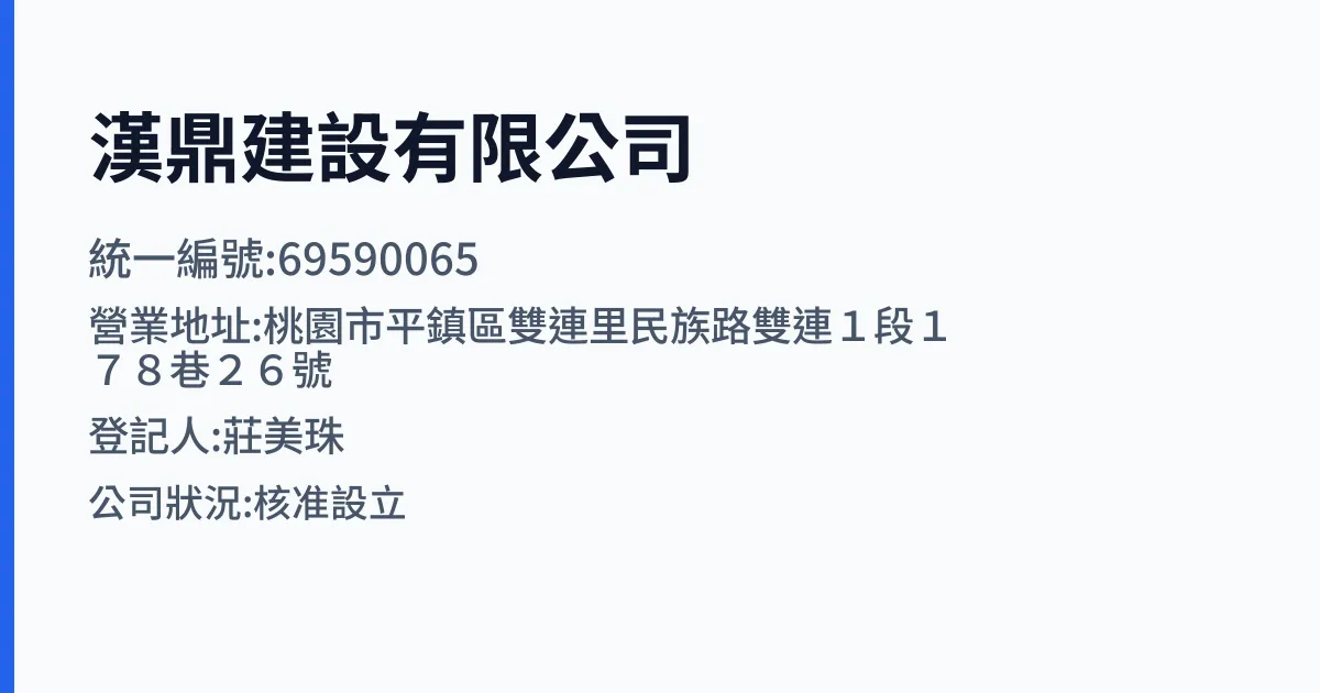 漢鼎建設有限公司 - 統編 69590065(桃園市) 公司登記資料與營業項目詳細圖表