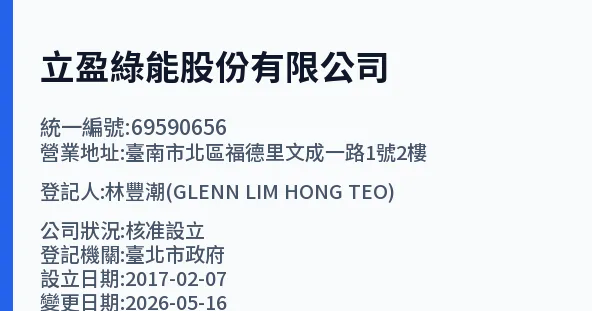 立盈綠能股份有限公司的照片-統編 69590656(臺南市) 公司登記資料與營業項目詳細圖表