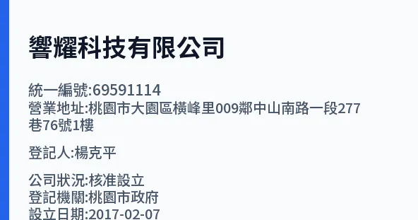 響耀科技有限公司的照片-統編 69591114(桃園市) 公司登記資料與營業項目詳細圖表