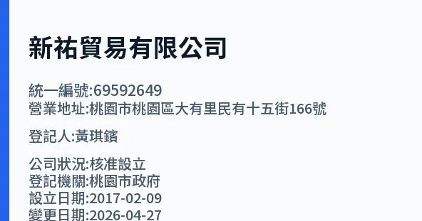 新祐貿易有限公司的照片-統編 69592649(桃園市) 公司登記資料與營業項目詳細圖表